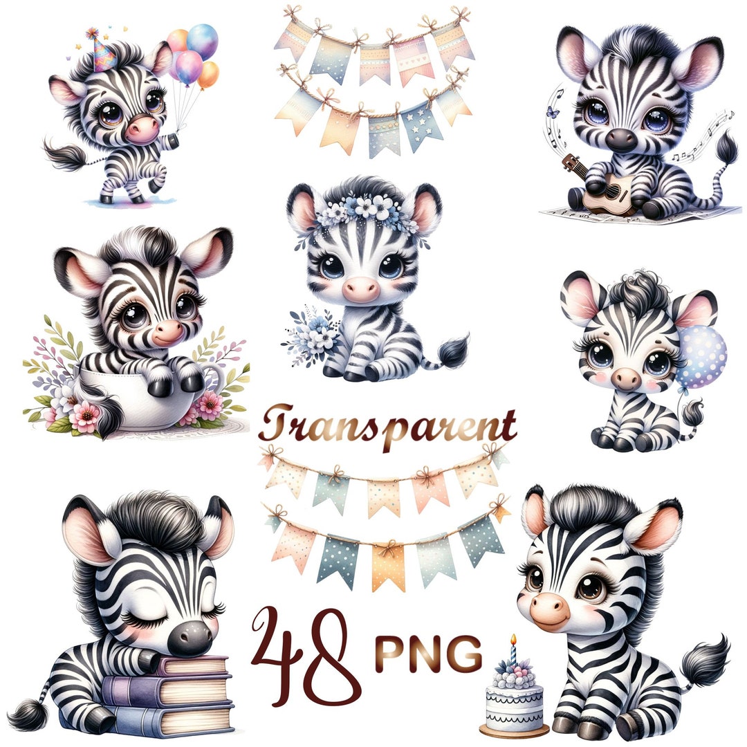 48 PNG, Watercolor Baby Zebra Clipart Bundle, Cute Zebra Clipart ...