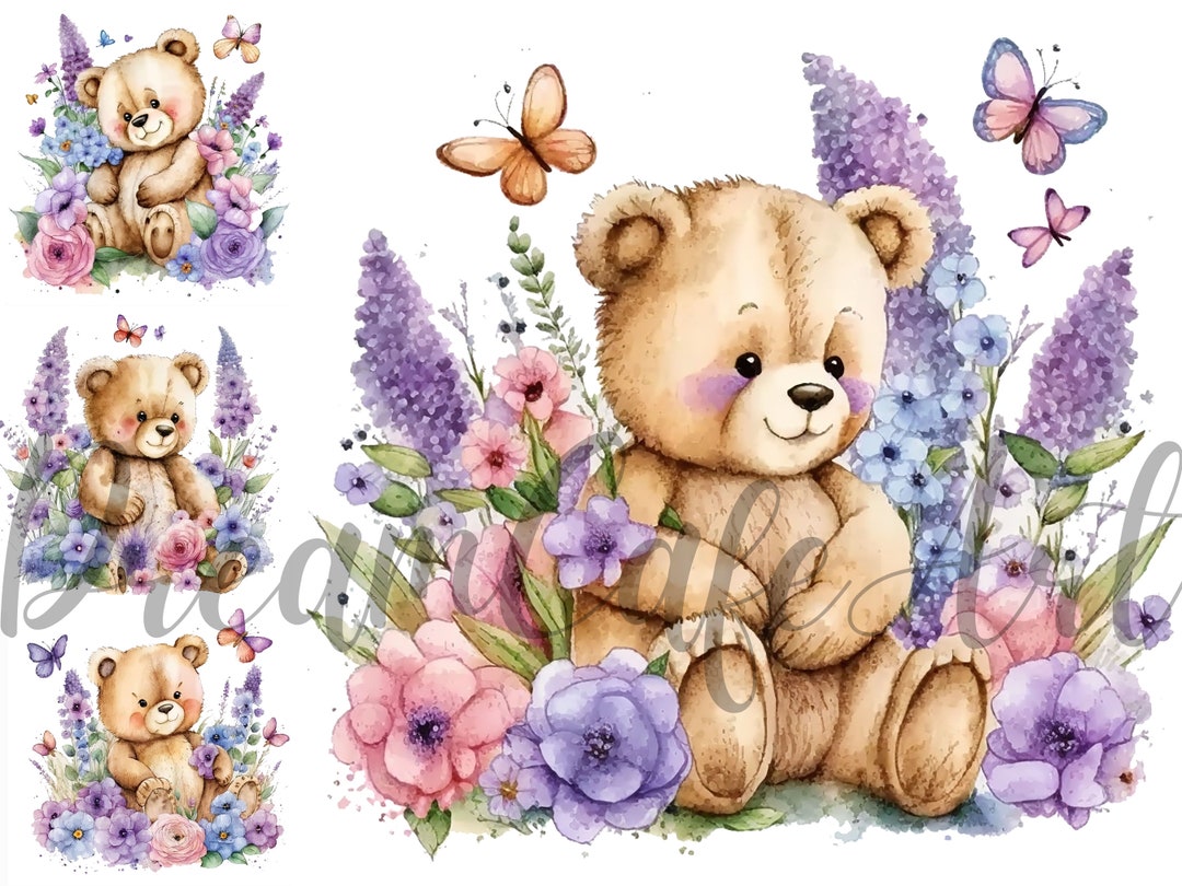 7 Teddy Bear With Flowers Clipart, Jpgs, High Quality, Digital Planner ...