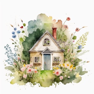 10 Jpgs, Summer Cottages Watercolor Clipart, Digital Planner, Wall Art ...