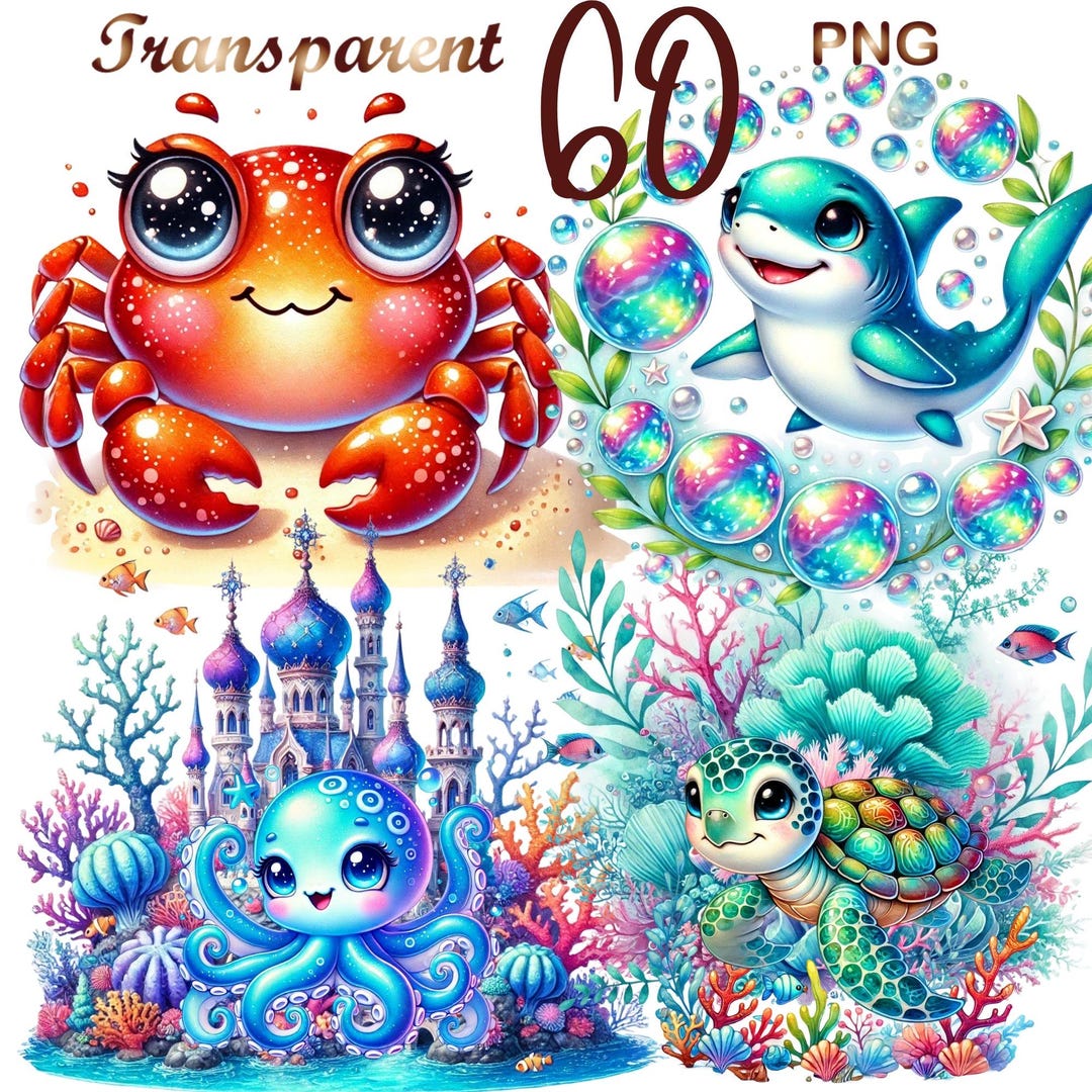60 PNG Set 2 Underwater Animals Clipart Bundle, Ocean Marine Life ...