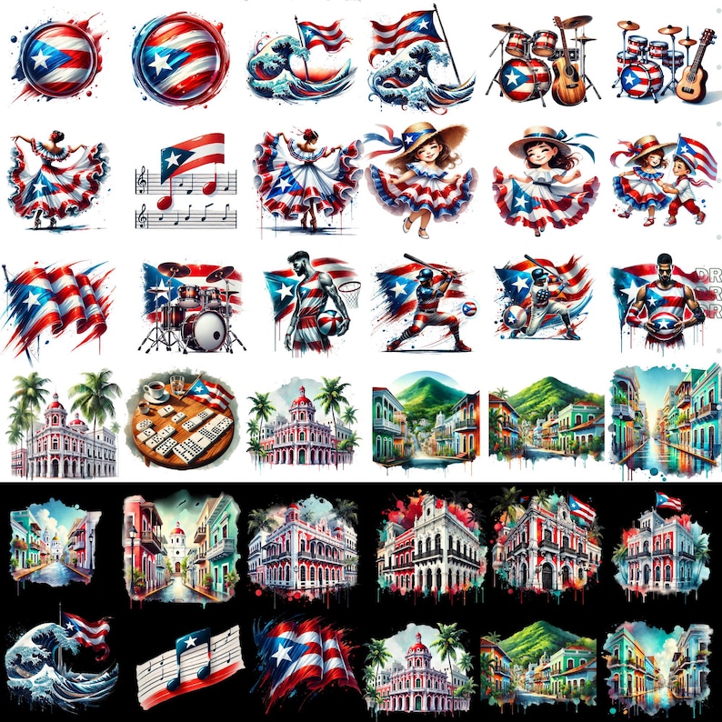 40 PNG Puerto Rico Clipart Bundle – Glossy Watercolor Illustrations of ...