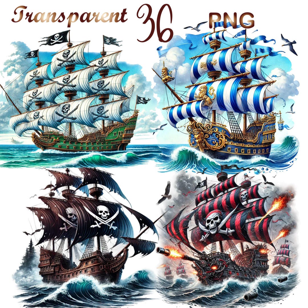 36 PNG Pirate Ship Clipart Bundle, Adventure Graphics Designs, Nautical ...