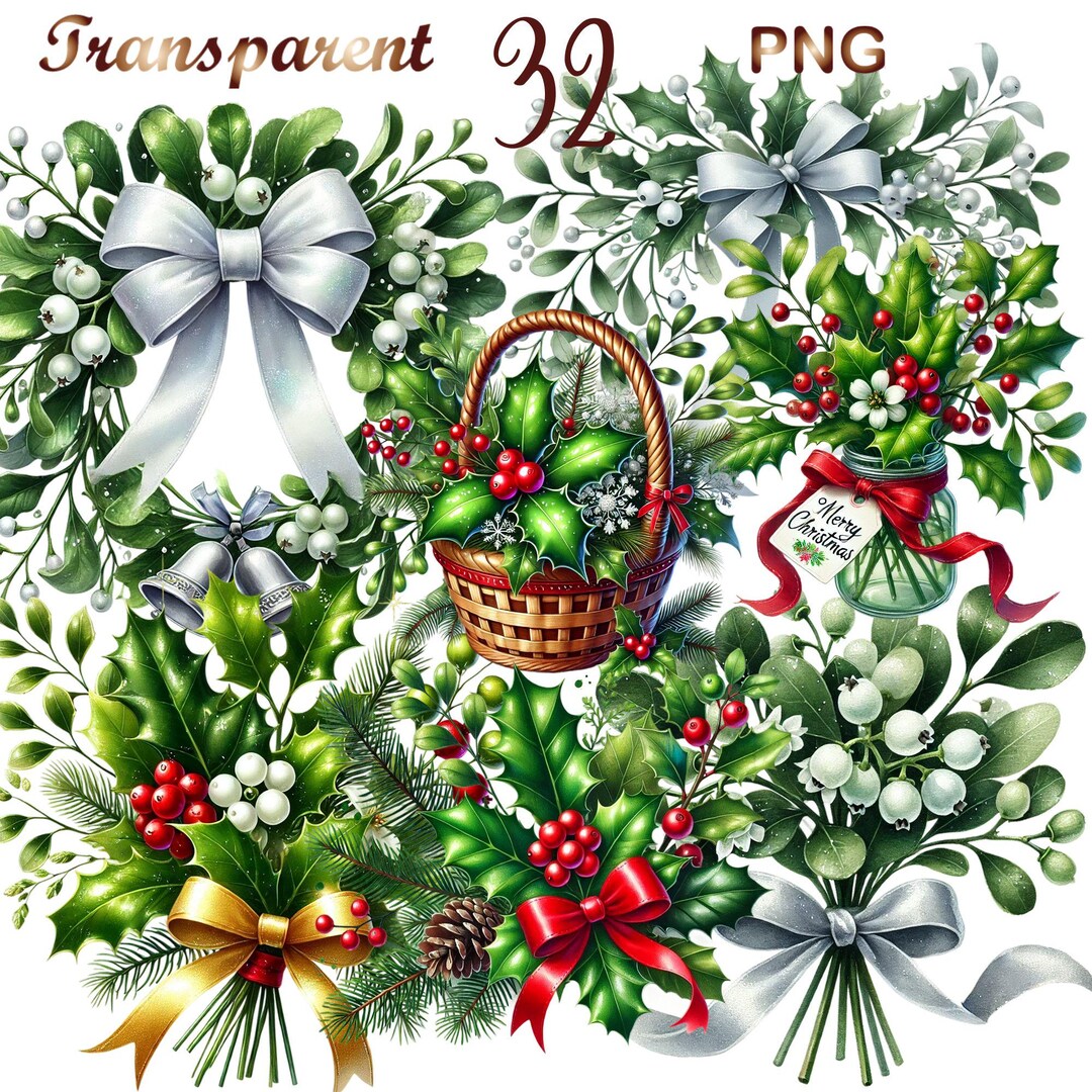 32 PNG Christmas Holly & Mistletoe Clipart Bundle, Set 3, Festive ...
