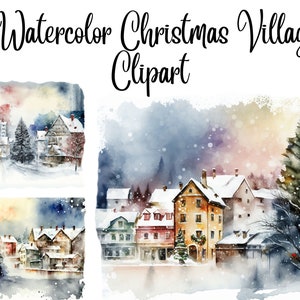 Watercolor Christmas Village Clipart: Winter Holiday Scenes (jpgs ...