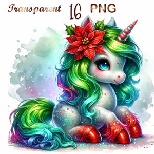 16 Christmas Unicorn Clipart, PNG Baby Unicorn Watercolor Clipart ...