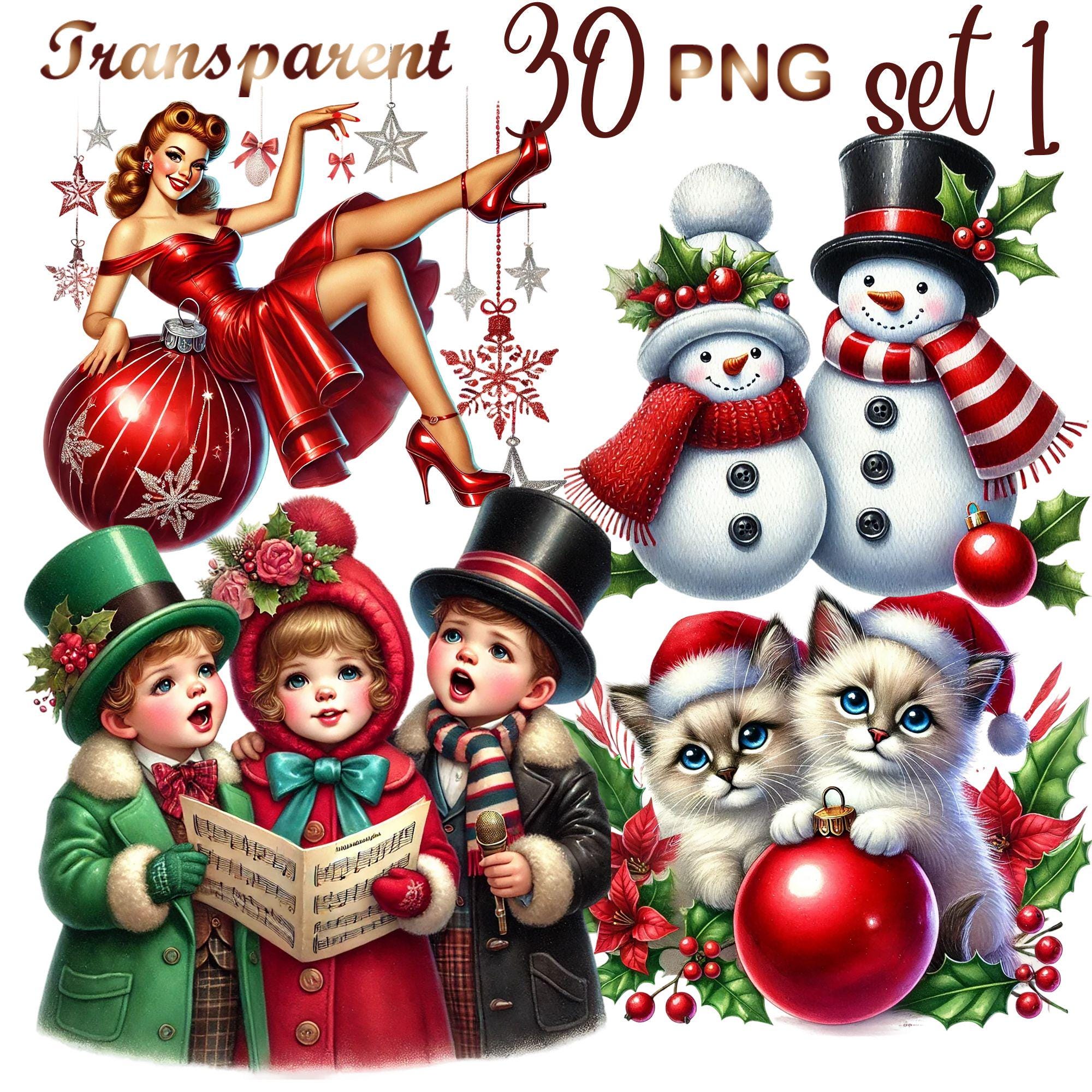 30 PNG Set 1 Rétro Christmas Clipart Bundle, Festive Vintage Clipart ...
