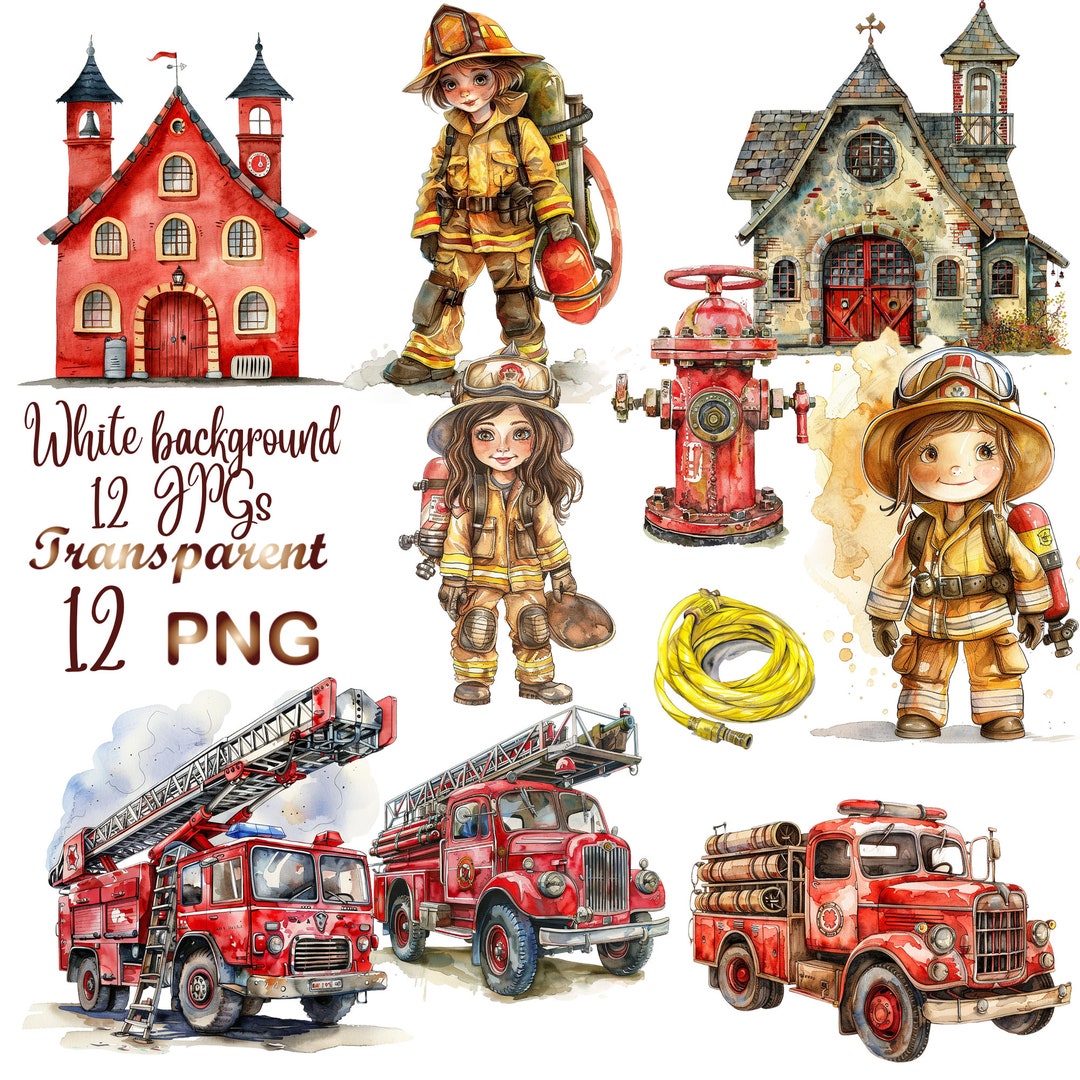 12 PNG/JPG, Cute Fire Department Watercolor Clipart, Fire Station ...