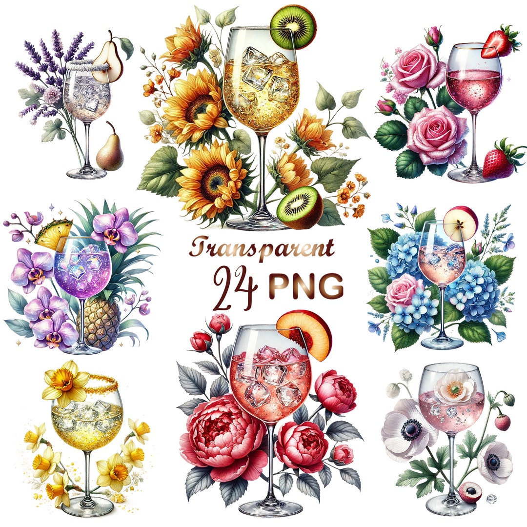 24 PNG, Floral Cocktail Clipart Bundle, Cocktail Clipart Alcoholic ...