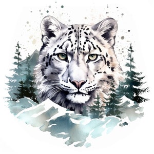 20 Winter Snow Leopard Clipart Jpgs, Printable Watercolor Clipart ...
