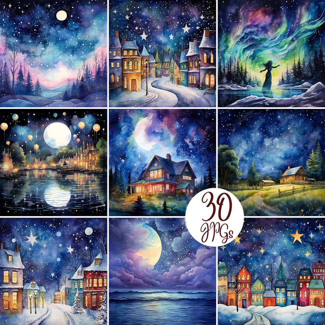 30 Watercolor Magical Night Paper Jpgs, Sky Digital Background, Starry ...