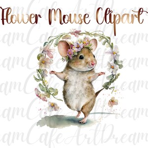 Flower Mouse Clipart, Mouse and Flower Clipart, Cute Watercolor Mouse ...