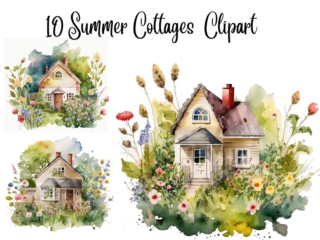 10 Jpgs, Summer Cottages Watercolor Clipart, Digital Planner, Wall Art ...