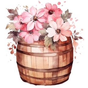 24 Watercolor Floral Barrel Clipart, Barrel Png,rustic Flower Barrels ...