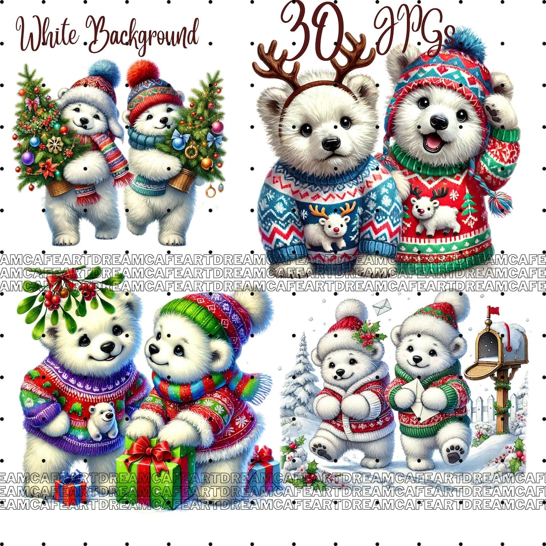 30 JPG, Christmas Polar Bear Clipart Bundle, Polar Bear Clip Art, Cute ...