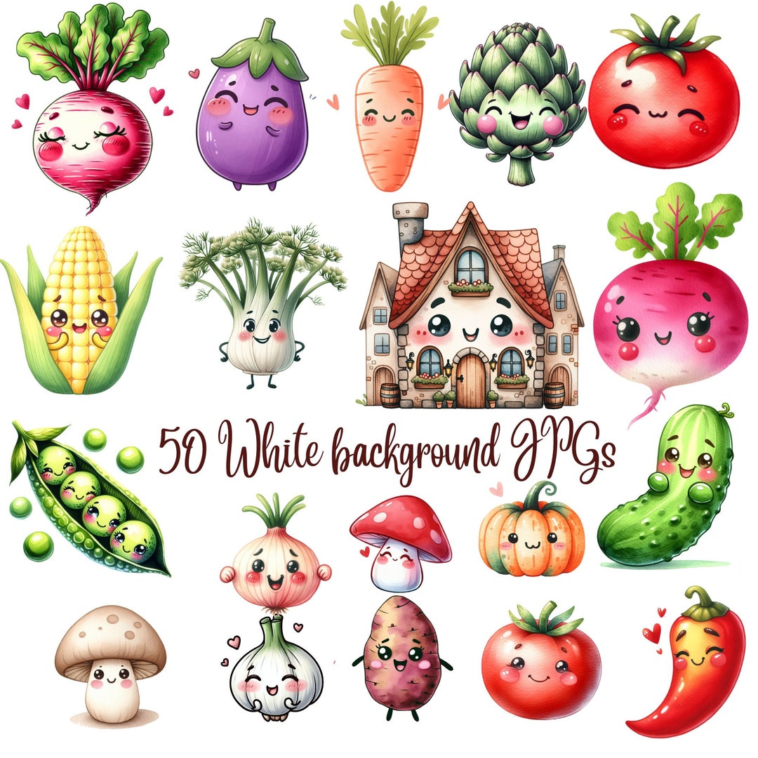 50 JPG, Cute Vegetable Clipart Bundle, Watercolor Vegetable Clipart ...