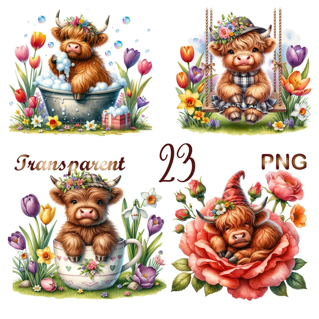 23 PNG Watercolor Spring Highland Cow Clipart, Flower Highland Cow ...