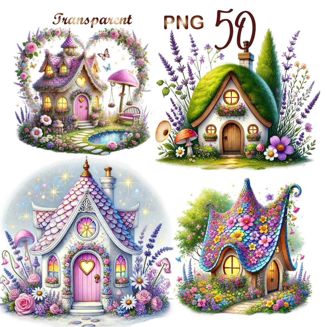 50 PNG Watercolor Fairy Houses Clipart Bundle, Whimsical Houses ...