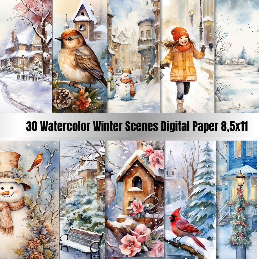 30 Printable Watercolor Winter Scenes Digital Paper, Cozy Winter ...