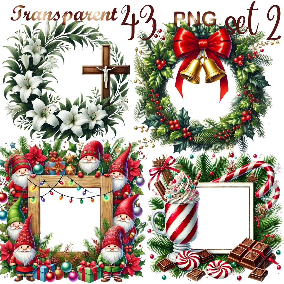 43 PNG Set 2 Christmas Frames Clipart Bundle, Holiday Festive Border ...