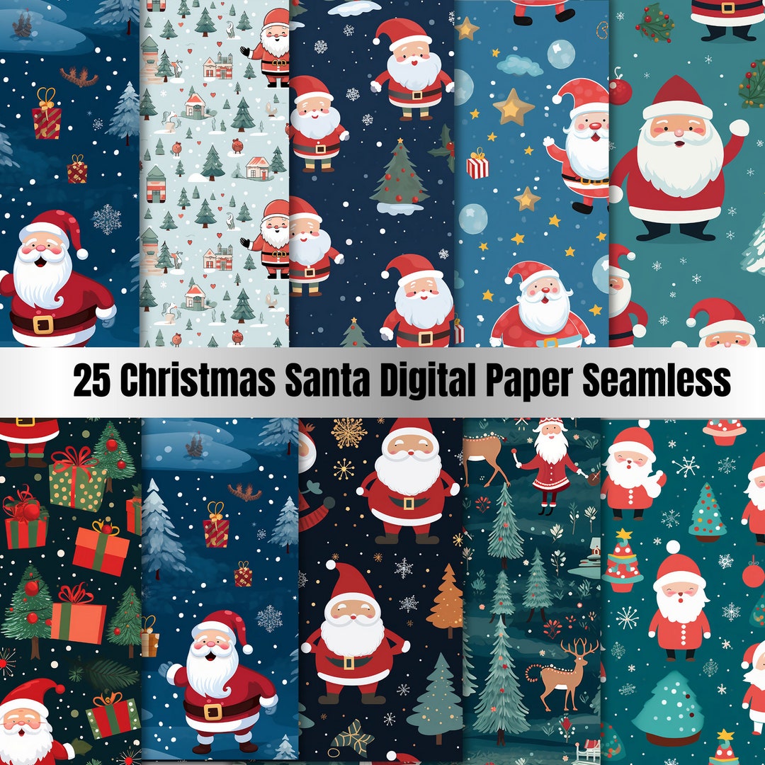 25 Christmas Santa Seamless Digital Paper Pack, Snowy Holiday Repeating ...