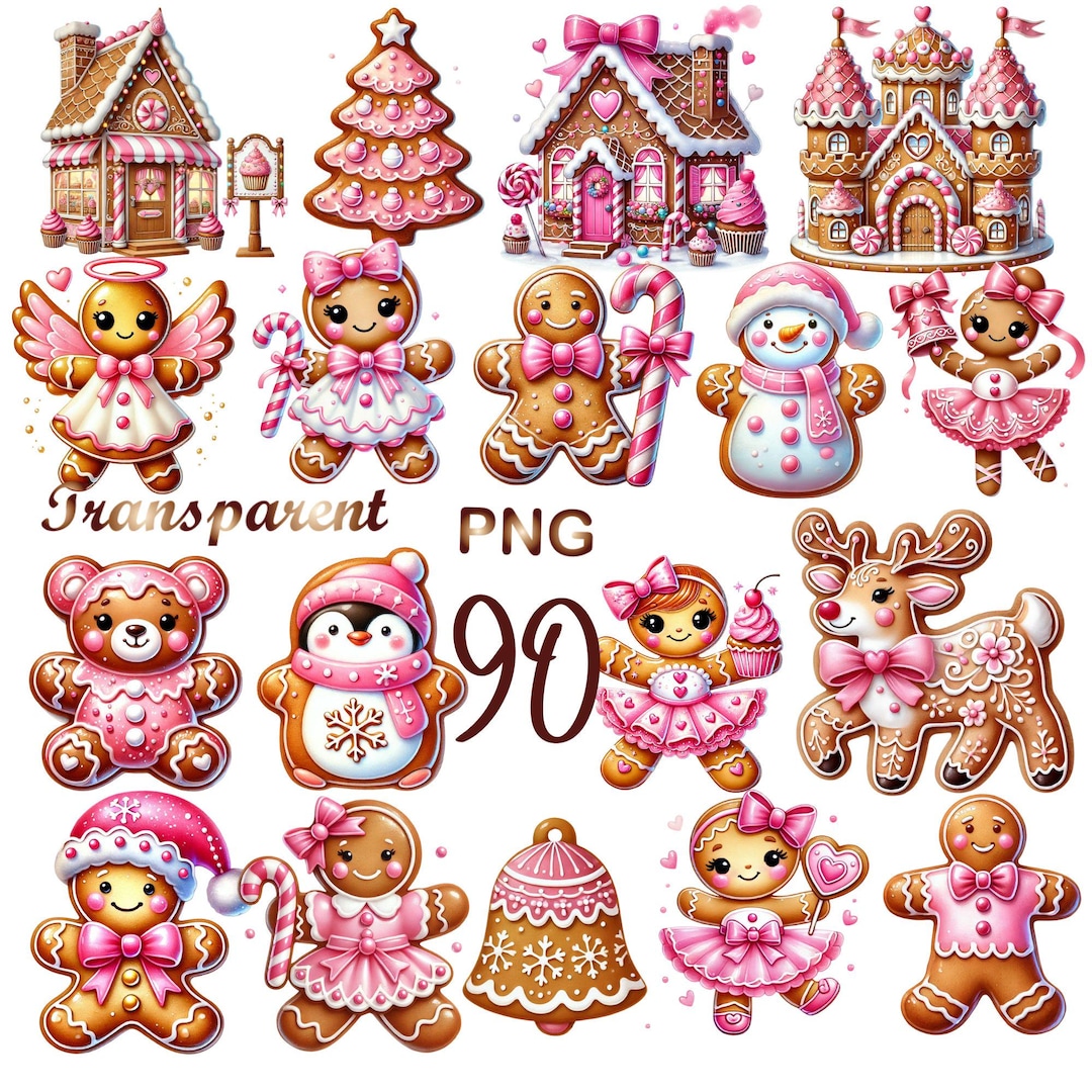 Pink Gingerbread Clipart Bundle, 90 Festive Cookie Graphics, Holiday ...