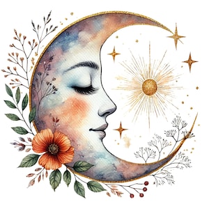 25 JPG Watercolor Boho Moon Clipart Bundle, Watercolor Mystical Floral Moons Clipart, Moons Boho ...