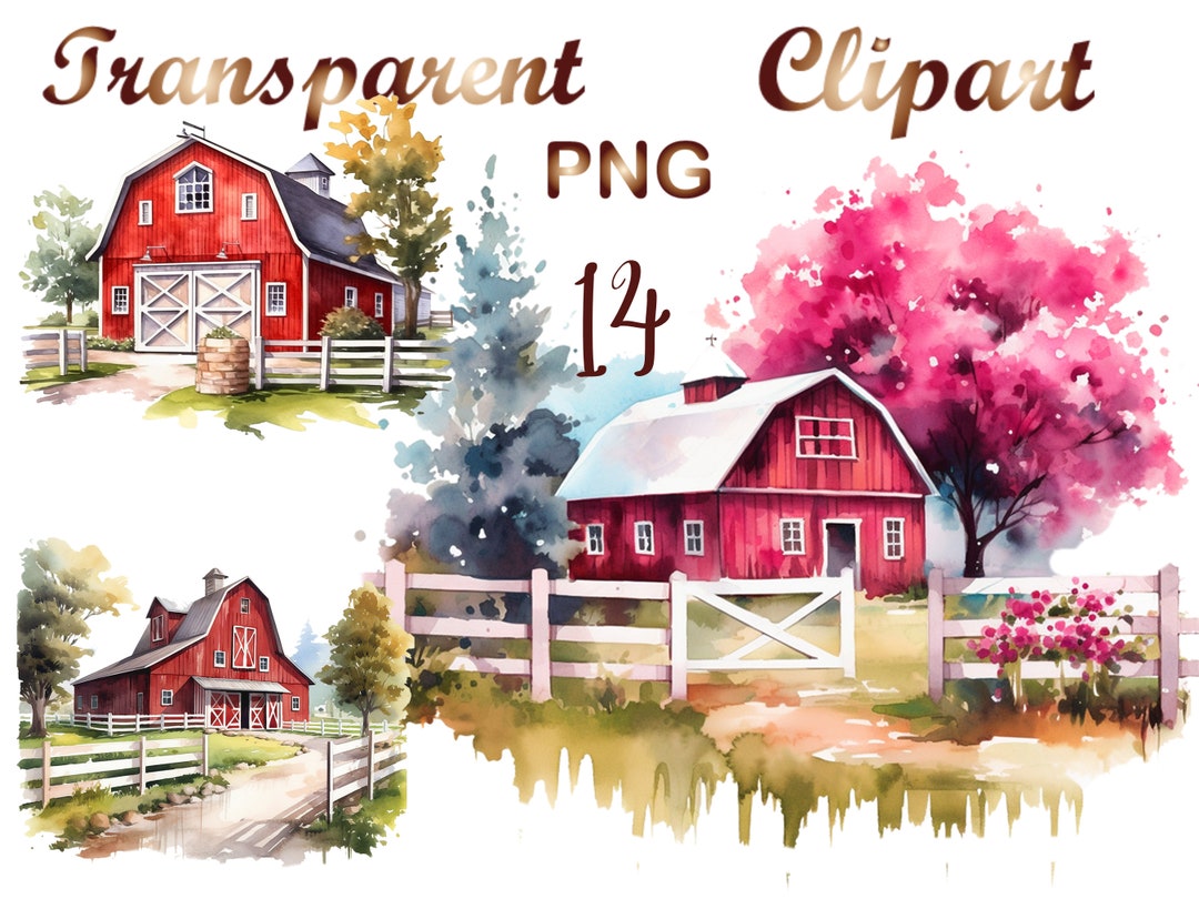 14 Watercolor Red Farm Barn Clipart, Farmhouse Clipart, Barn Bundle PNG ...