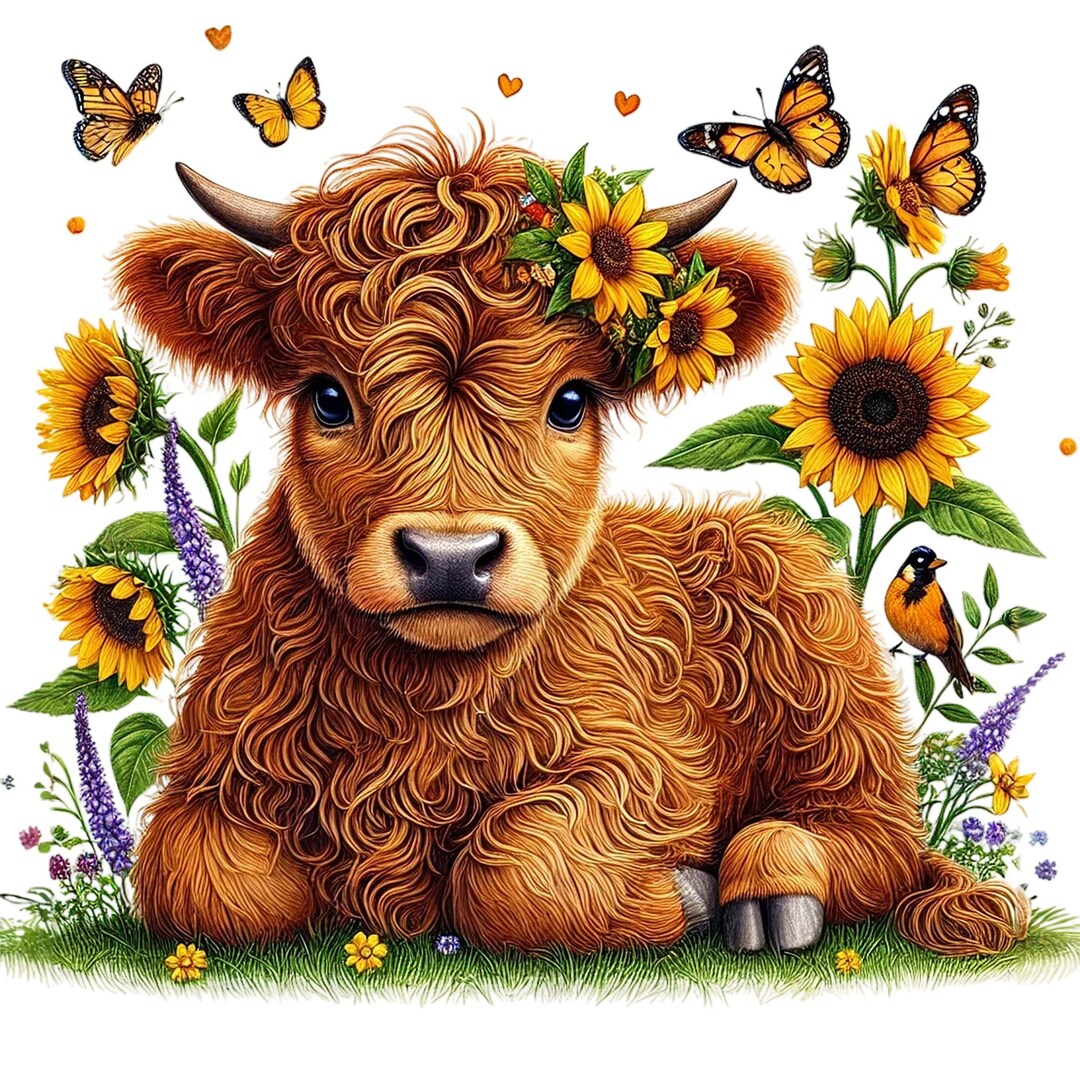 30 PNG, Watercolor Highland Cow Sunflowers Clipart Bundle, Sunflowers ...