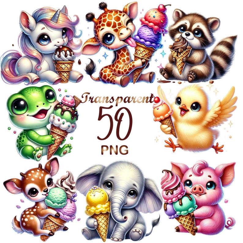 50 PNG Animals With Ice Cream Clipart Bundle, Cute Summer Animal ...