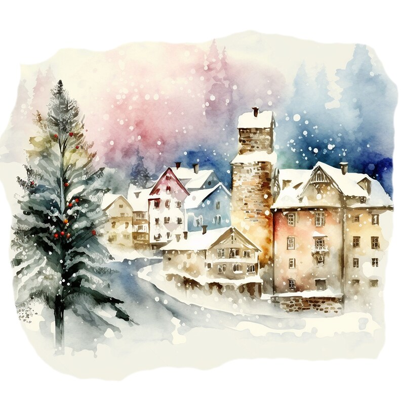 Watercolor Christmas Village Clipart: Winter Holiday Scenes (jpgs ...