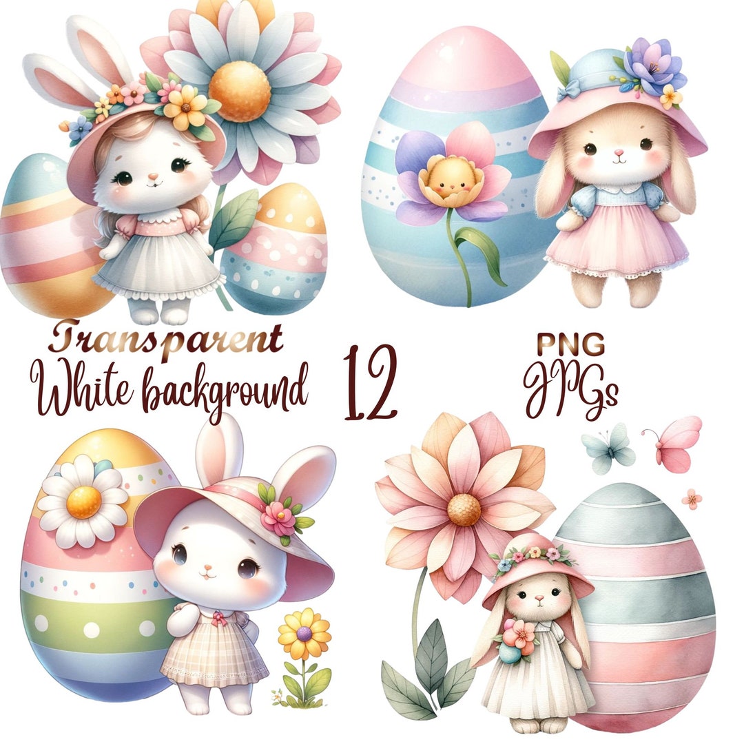 12 PNG/JPG Easter Bunny Clipart, Easter Bunny Floral Clipart, Easter ...