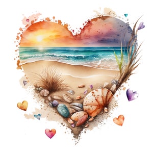 10 PNG/JPG, Retro Beach Heart Watercolor Clipart, Ocean Heart Clipart ...