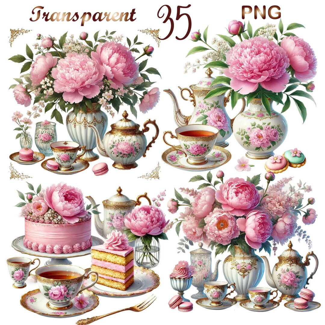 35 PNG Pastel Vintage Floral Tea Time Clipart Bundle, Spring Tea Party ...