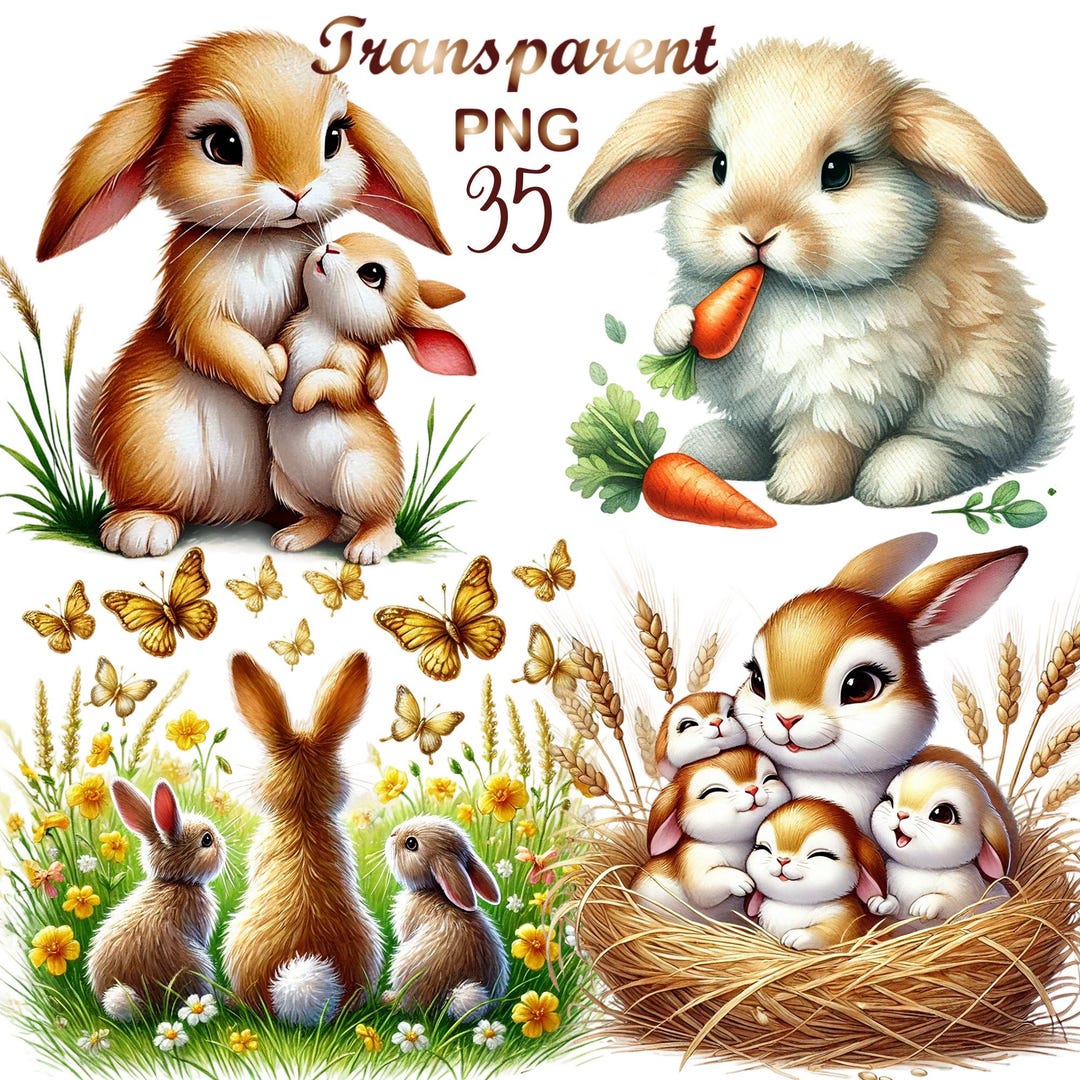 35 PNG Rabbit Set 2 Clipart Bundle, Bunnies Illustrations Graphics ...
