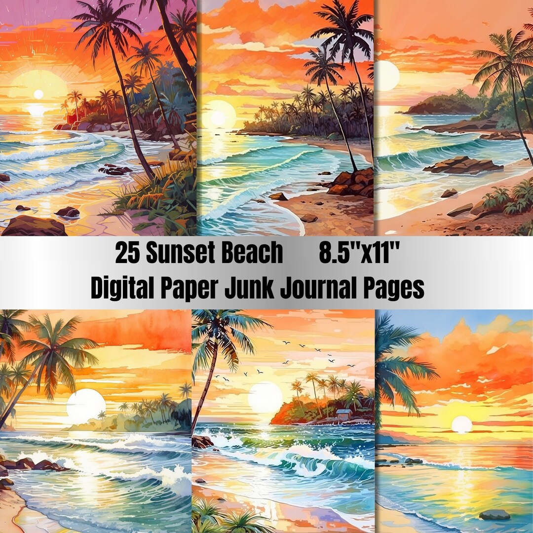 25 Printable Sunset Beach Digital Paper, Summer Beach Sunset Background ...