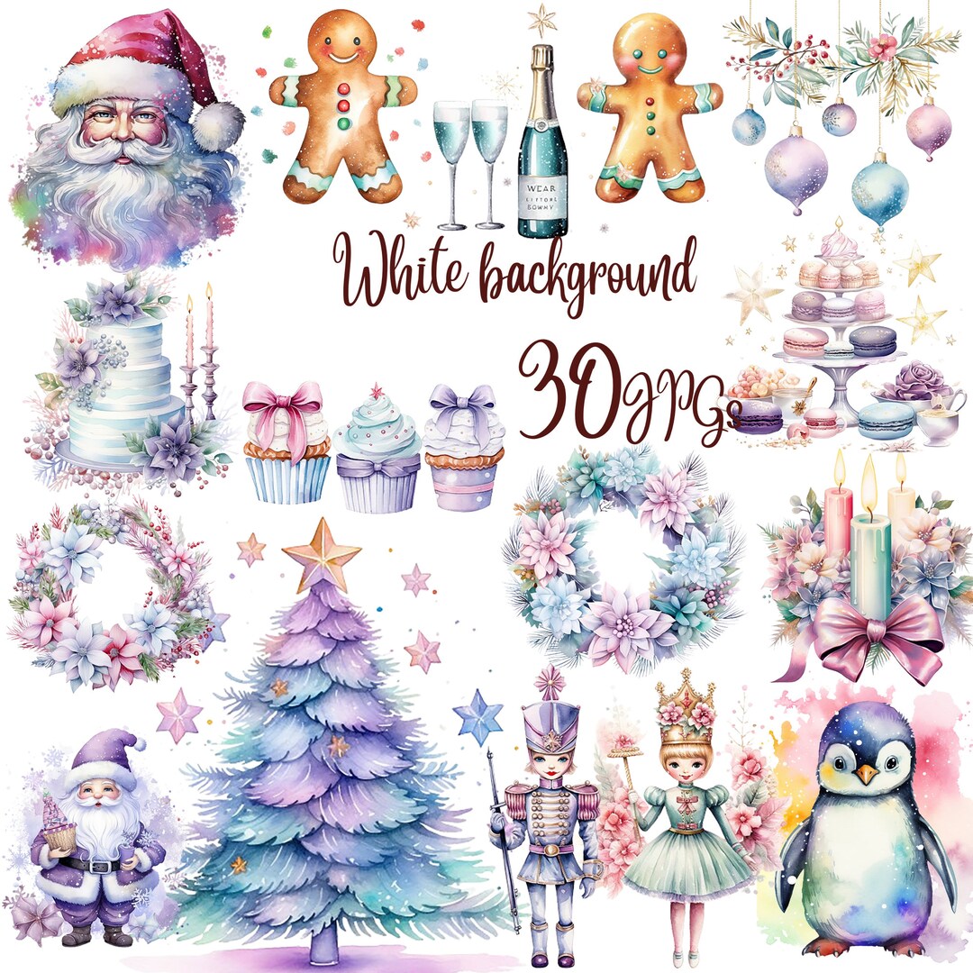 30 Jpgs,christmas Pastel Watercolor Clipart, High Quality, Digital ...