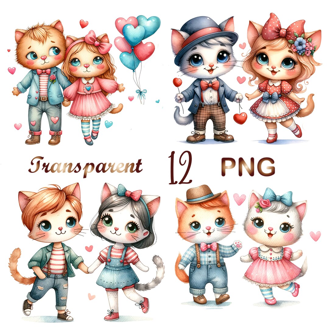 12 Watercolor Valentine's Day Clipart Png, Cats Valentine's Png ...