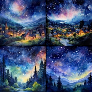 30 Watercolor Magical Night Paper Jpgs, Sky Digital Background, Starry ...