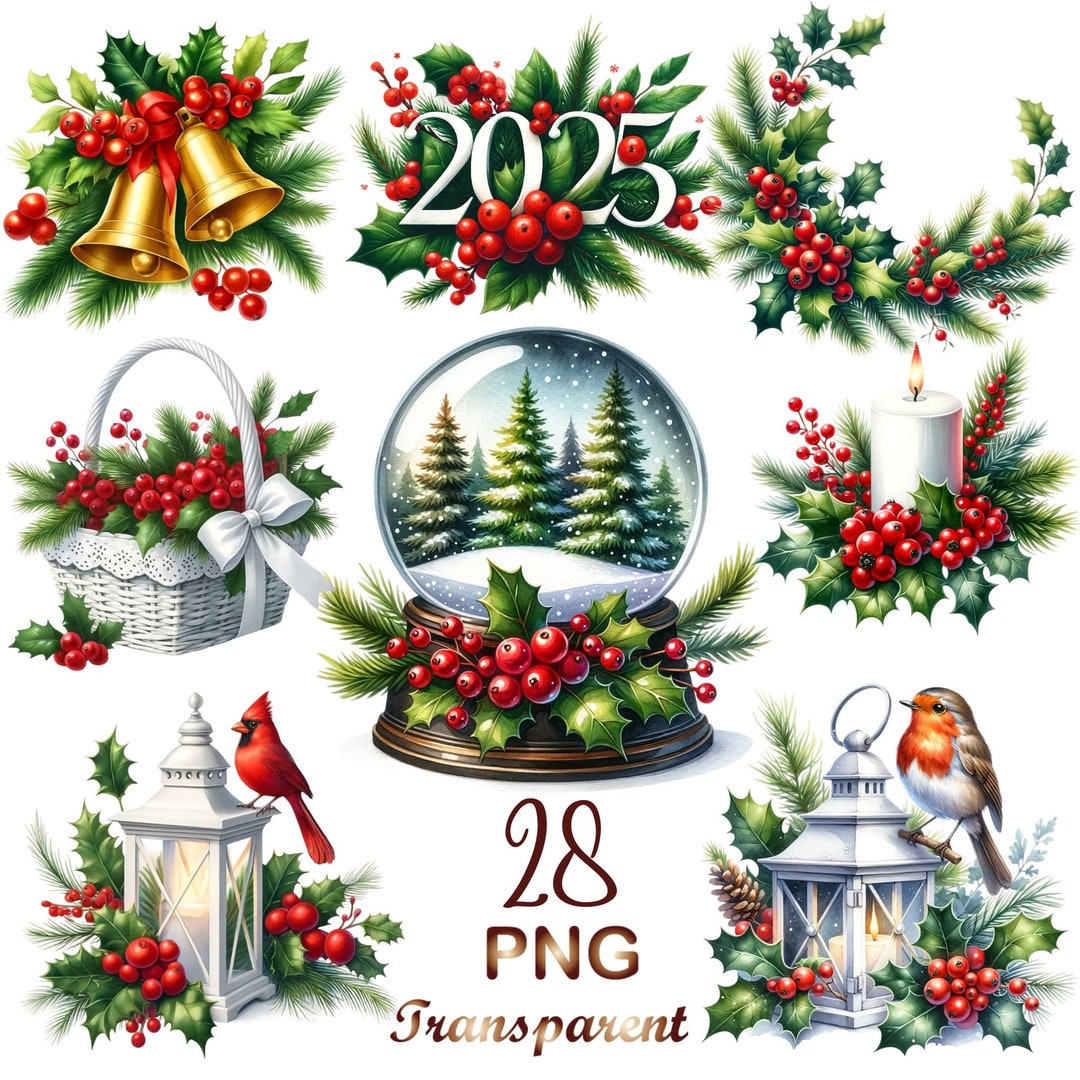 28 PNG Watercolor Holly Clipart Bundle, Christmas Holly Bouquet, Holly ...