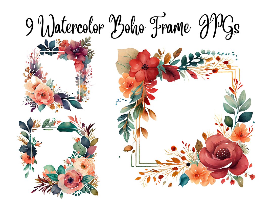 9 Boho Frame Clipart, Floral Clipart, Boho Clipart, Flower Frame, Jpgs ...