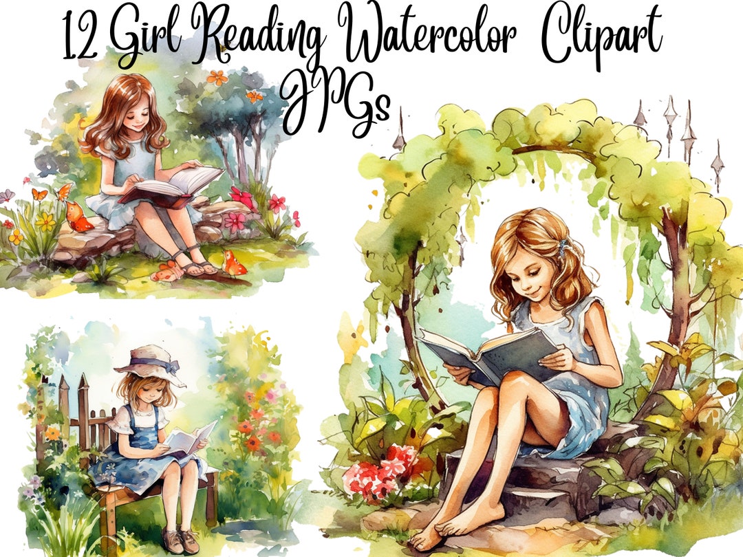 12 Girl Reading Watercolor Clipart ,jpgs, Student Girl Clipart,girl ...