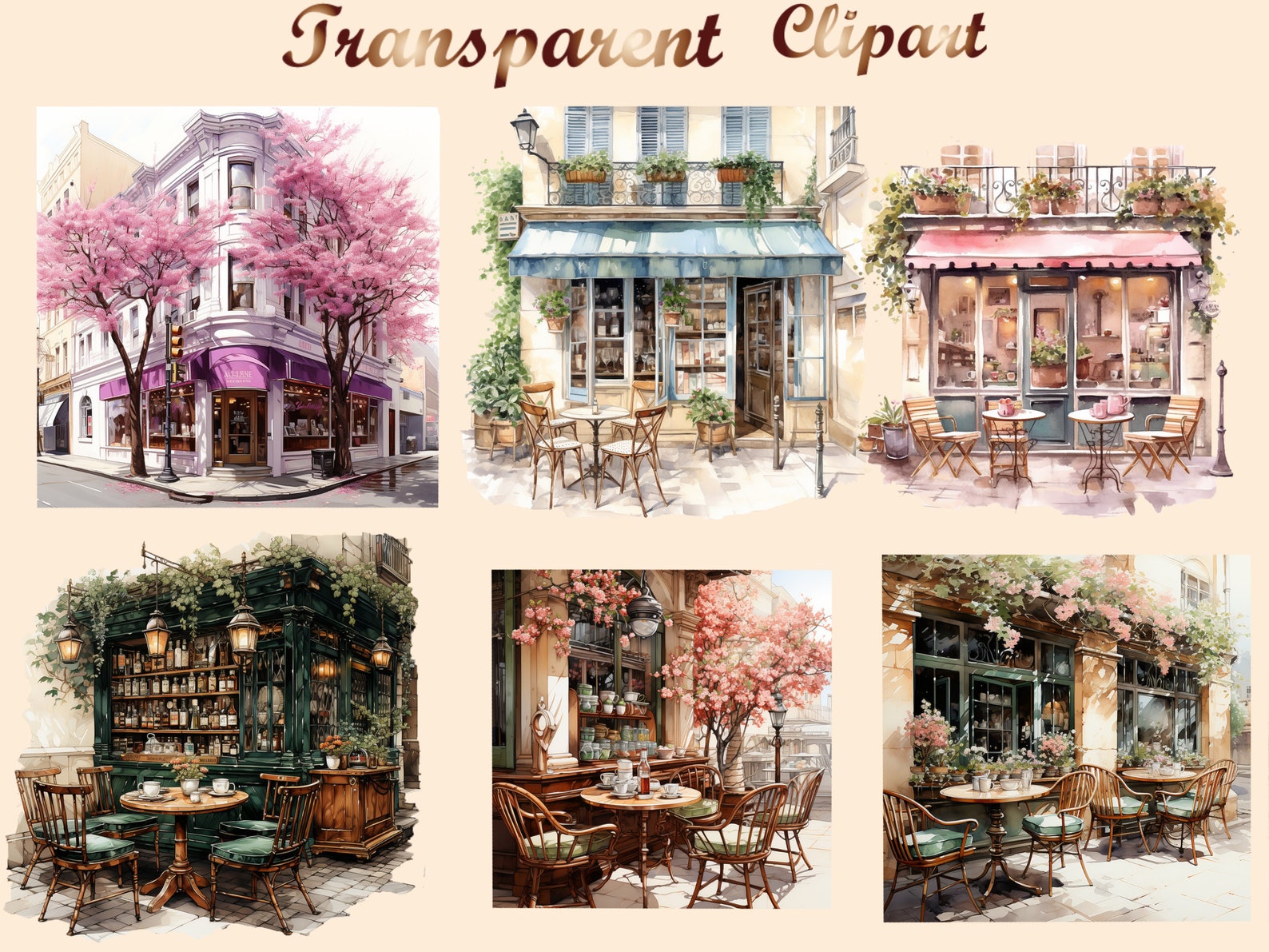 49 Watercolor Spring Coffee Shop Clipart, Bundle Png,set 1-4, Collage ...