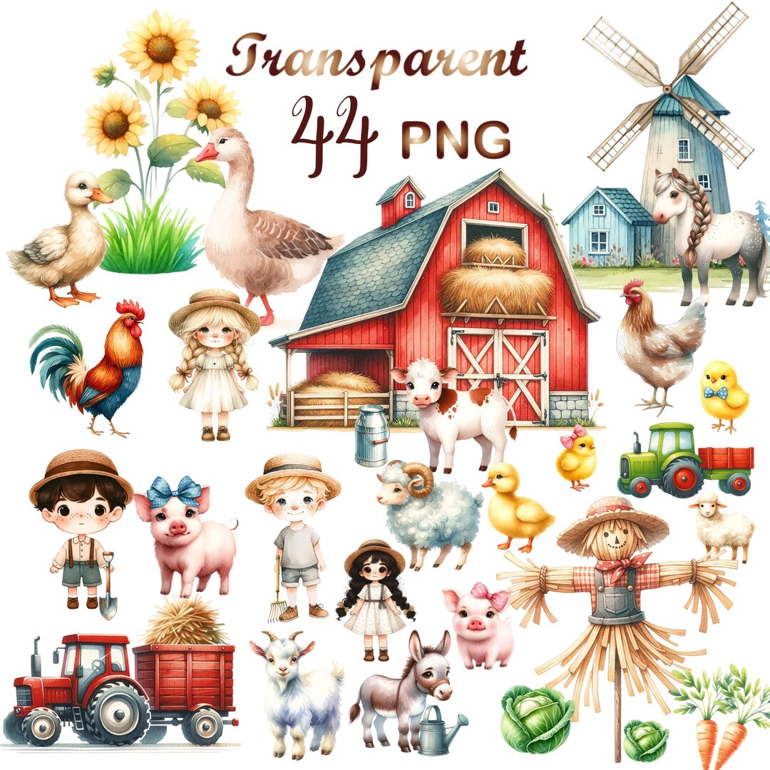 44 PNG, Watercolor Farm Animals Clipart Bundle, Cute Farm Clipart, Farm ...