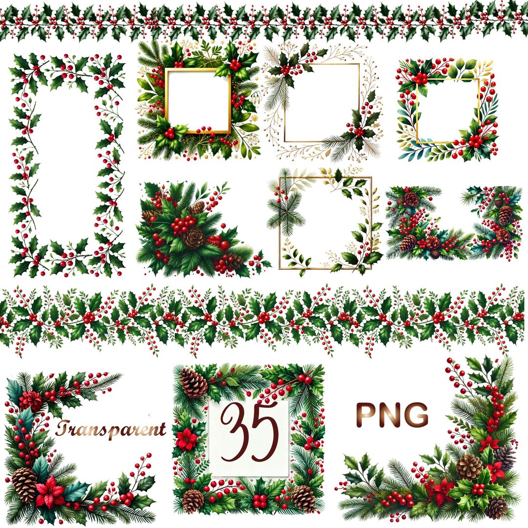 35 PNG, Christmas Holly & Mistletoe Clipart, Christmas Border Frame ...