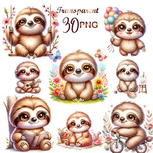 30 PNG, Watercolor Sloth Clipart Bundle, Cute Sloth Clipart, Cute ...