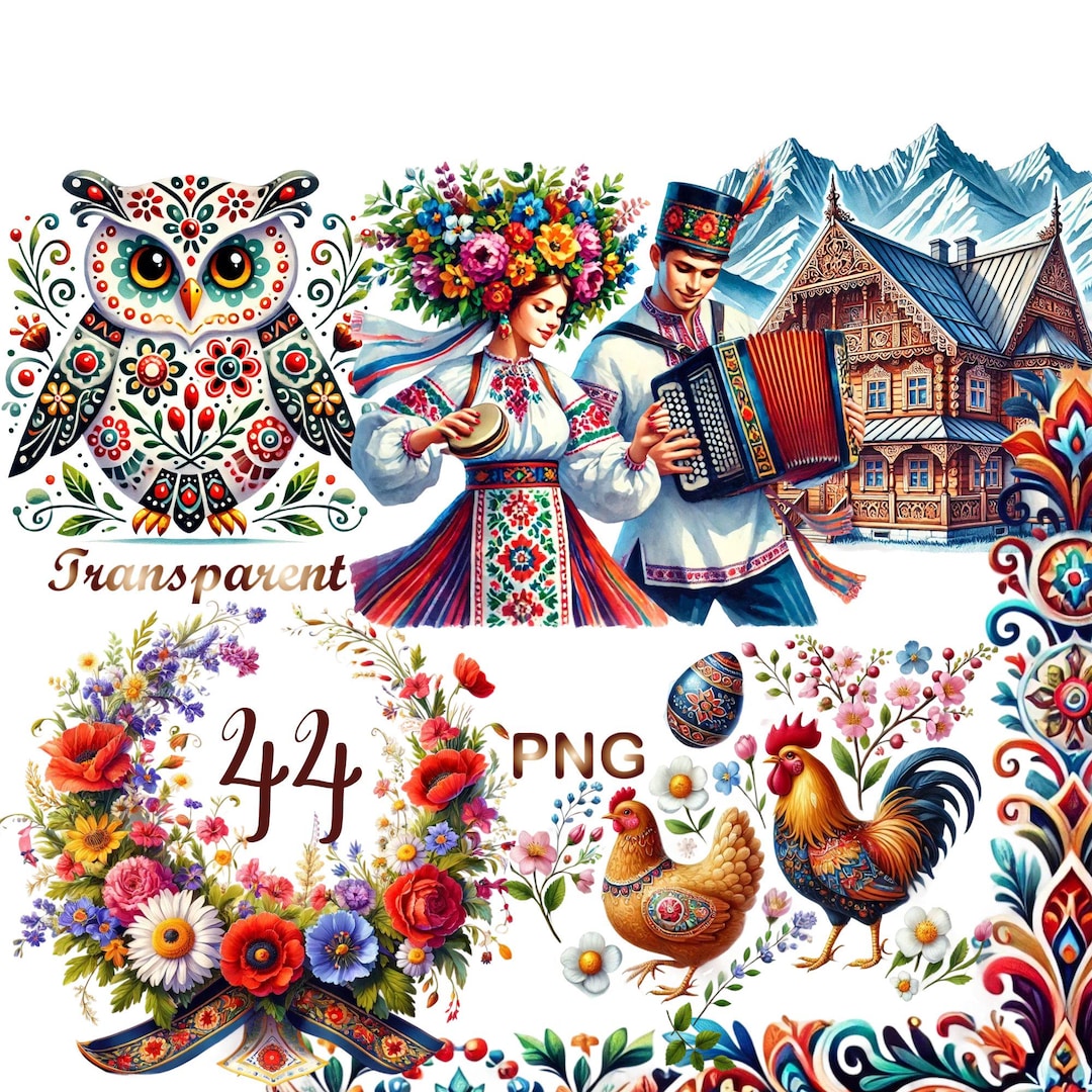 44 PNG Polish Folk Art Clipart Bundle, Whimsical Polish Folk Clipart ...