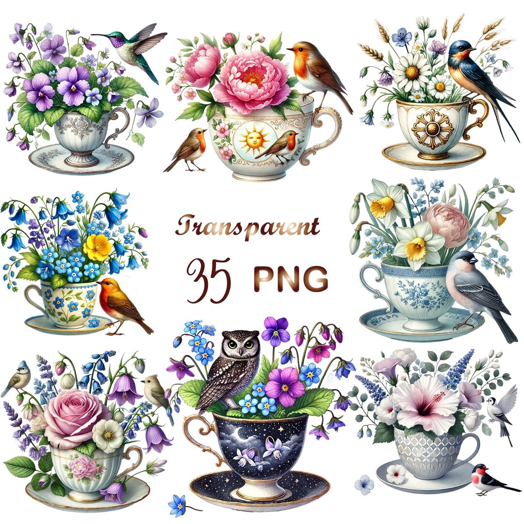 35 PNG, Teacup Bird Clipart Bundle,floral Teacup Clipart,romantic ...