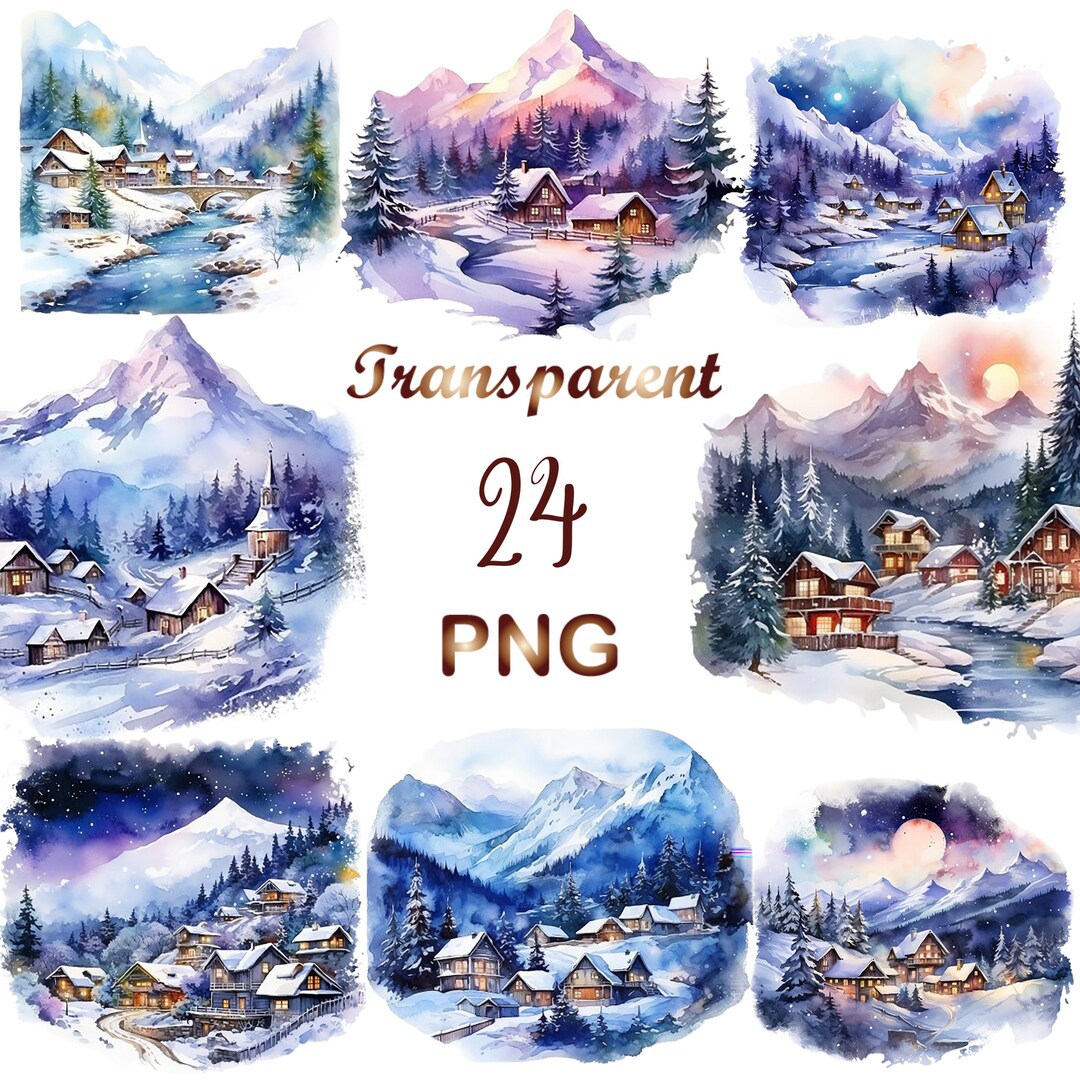 24 Watercolor Christmas Night Png,christmas Png, Winter Mountain Art ...