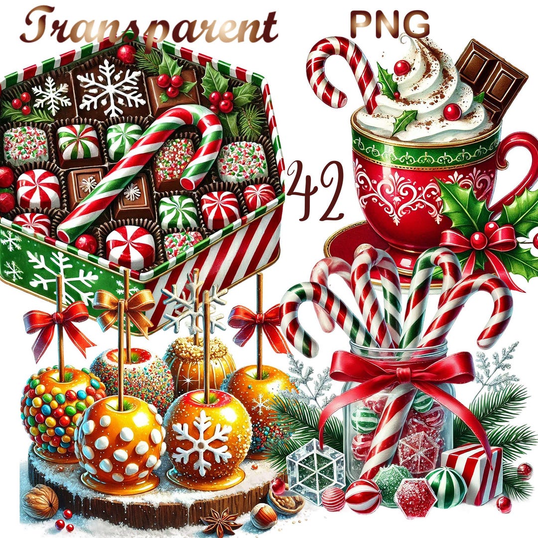 42 PNG Christmas Sweets Clipart Bundle, Festive Treat Illustrations ...