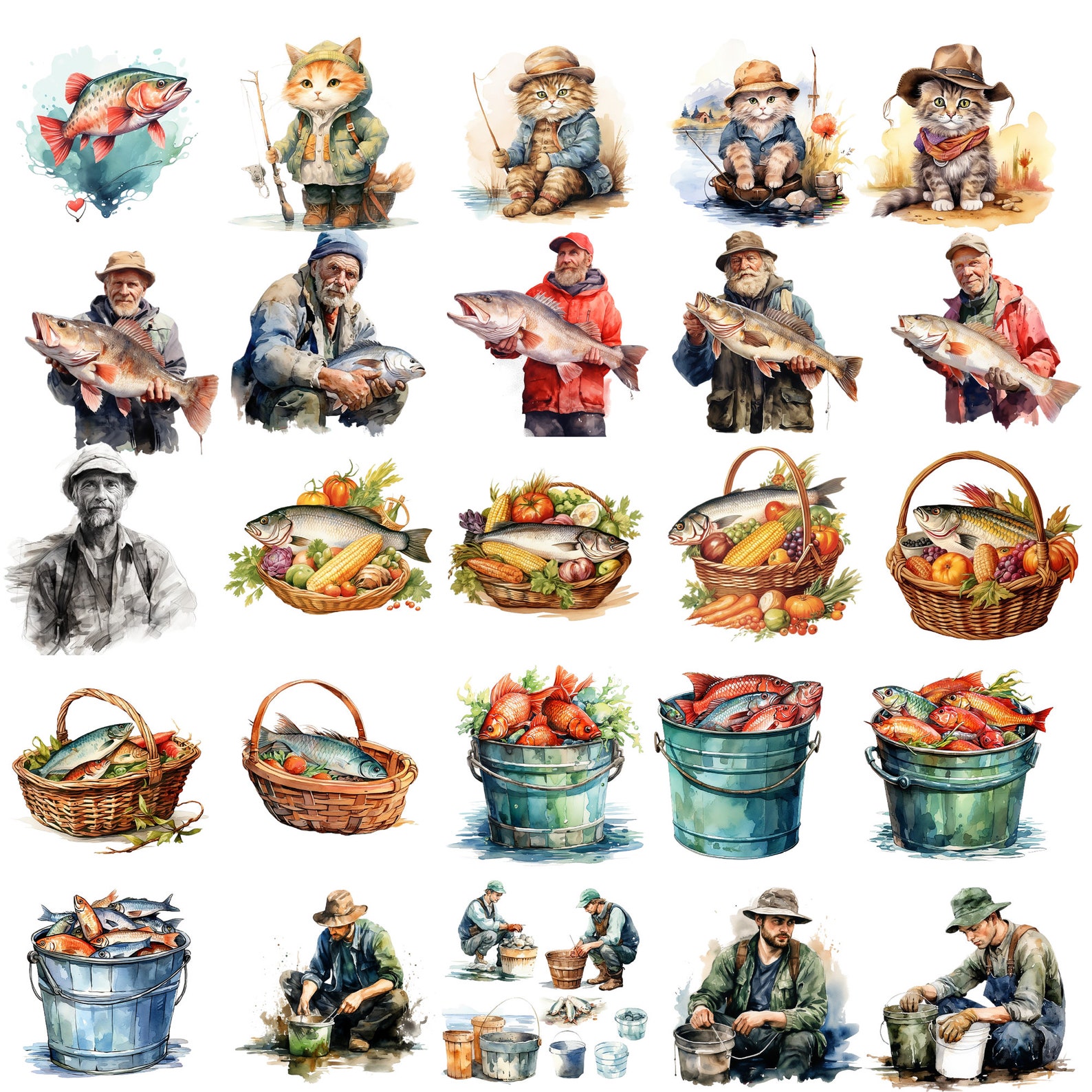 85 Watercolor Fishing Clipart PNG, Fishing Clipart Bundle, Fishing 85 ...